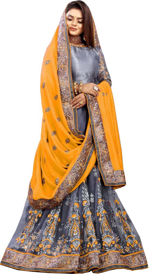 Buy B Bella Creation Women Mustard Net, Art Silk Embellished Bollywood ...