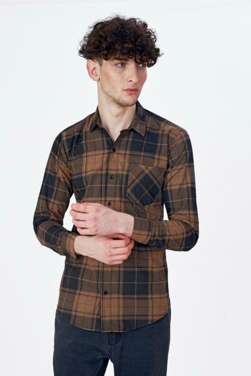 Buy somore Men Cotton Blend Brown Slim Checkered Full Sleeve Shirt ...