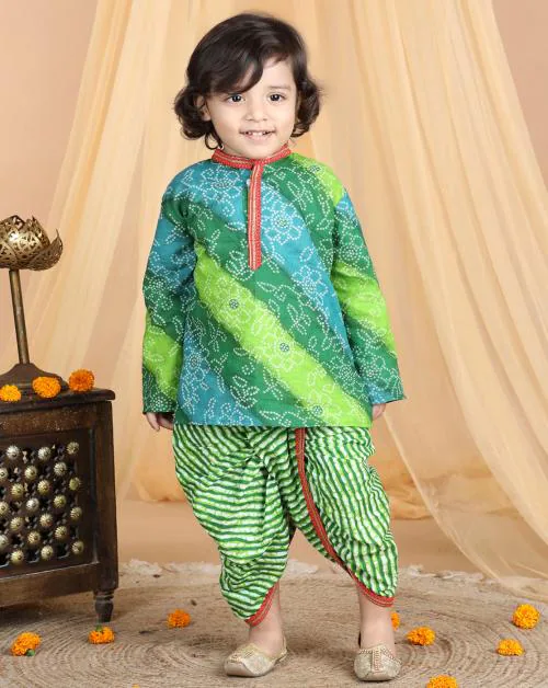 Buy Kidcetra Bandhini Kurta with Leheriya dhoti | Wedding Wear Kurta Dhoti - Green - 3-4Y Online ...