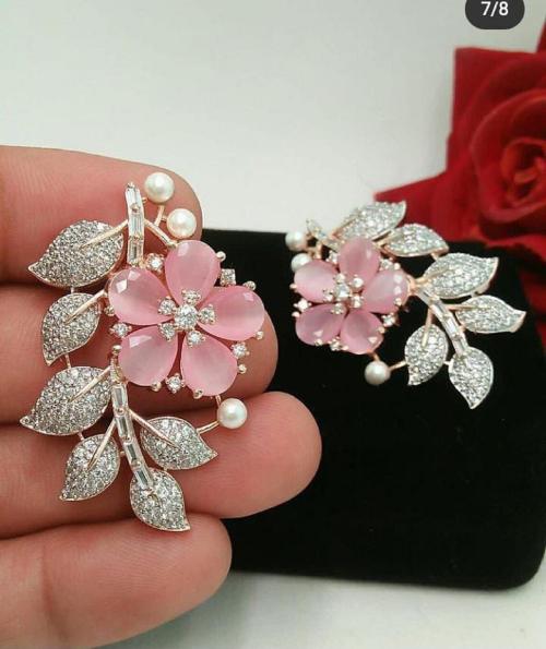 Buy TREND CREATION Leaf Shaped Rhodium Plated American Diamond Stud ...