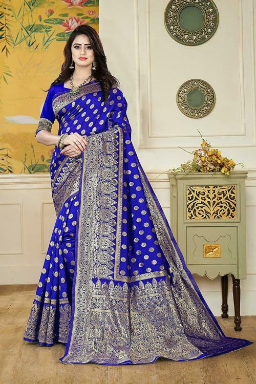 Buy Prajval Women Royal Blue Woven Jacquard and Pure Silk Kanjivaram ...