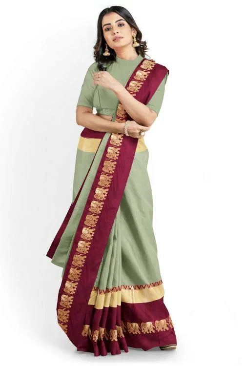 Buy SWIFFIN Exclusive Collection Cotton Silk Banarasi Pista-Maroon ...