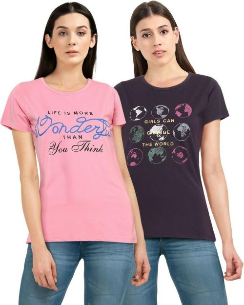 Buy Chozi Women Multicolor Printed Cotton Blend Pack of 2 T-Shirt ...