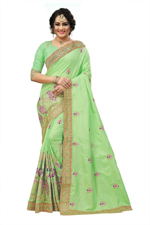 Buy N V Patel Women Parrot Green Embroidered Silk Blend Bollywood Saree ...