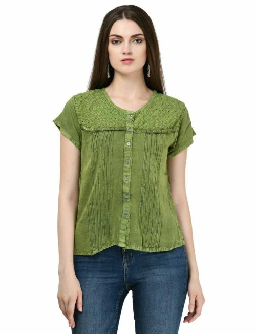 Buy SAAKAA Women's Rayon Sea Green Embroidery Top Online at Best Prices ...
