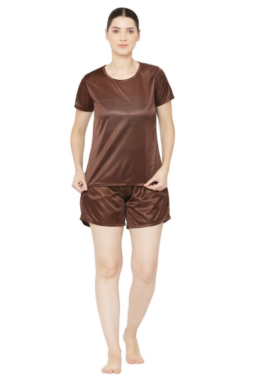Buy USA Fantasy Women's Brown Satin Lycre Solid Nightsuit Online at ...