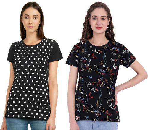 Buy CHOZI Women Black Printed Cotton Blend Pack of 2 T-Shirt Online at ...