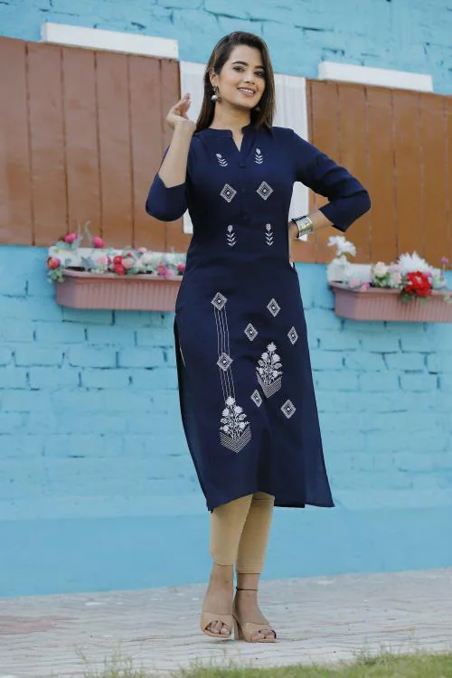 Buy Mehsoos Women Dark Blue Embroidered Viscose Rayon Straight Kurta ...