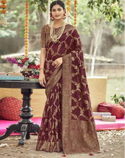 Buy Satrani Tissue Silk Gold & Maroon Color Saree with Blouse piece Online at Best Prices in ...