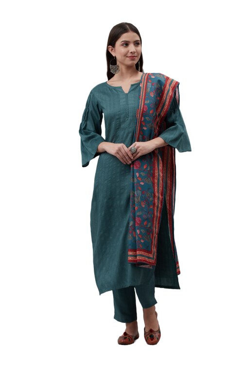 Buy Riva Enterprise Women Light Blue Printed Cotton Blend Kurta, Pant ...