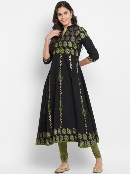 Buy CROESUS THE TRADITIONAL LOOK G Kurties Women Black Block Print Pure ...