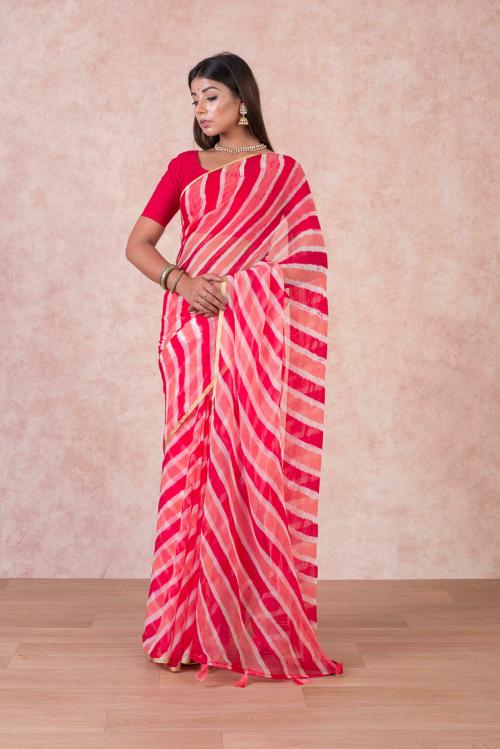 Buy Kishori Women's Zari Border and Thread Tassels Chiffon Saree and ...