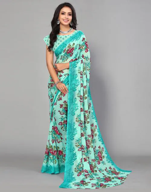Buy Siril Georgette Multicolor & Turquoise Color Saree with Blouse ...