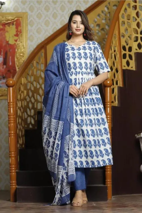 Buy ZEEMIUM IND Cotton Blend Kurti Pant Dupatta Set Online at Best ...