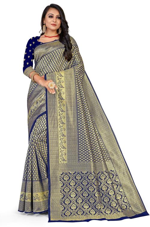 Buy RUNISH APPARELS Women Dark Blue Self Design Cotton Blend Saree Online at Best Prices in ...