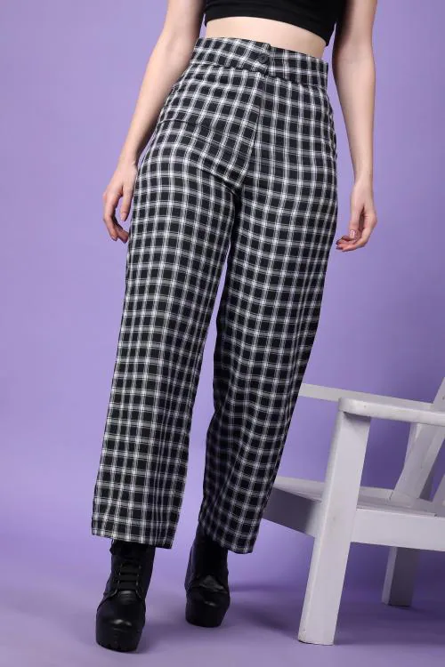 Buy Popwings Women Black Grey Checked Formal Trouser | Straight Fit ...