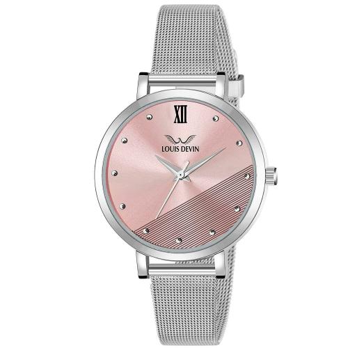 Buy LOUIS DEVIN Analog Pink Dial Silver Mesh Type Steel Chain Starp ...