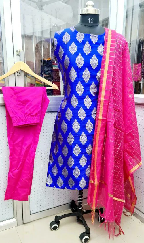 Buy Eilara Women's Silk Blend Blue Straight Kutra, Pant with Dupatta ...