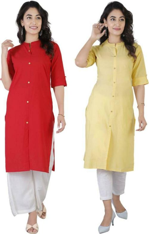 Buy M Lala Women Red and Yellow Solid Pure Cotton Straight Kurta - L ...