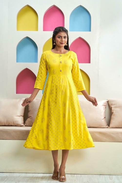 Buy Sa Rasa Women Yellow Printed Viscose Rayon Anarkali Kurta Online at ...