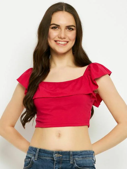 Buy Magenta Square Neck Flutter Sleeves Crop Top Online at Best Prices ...