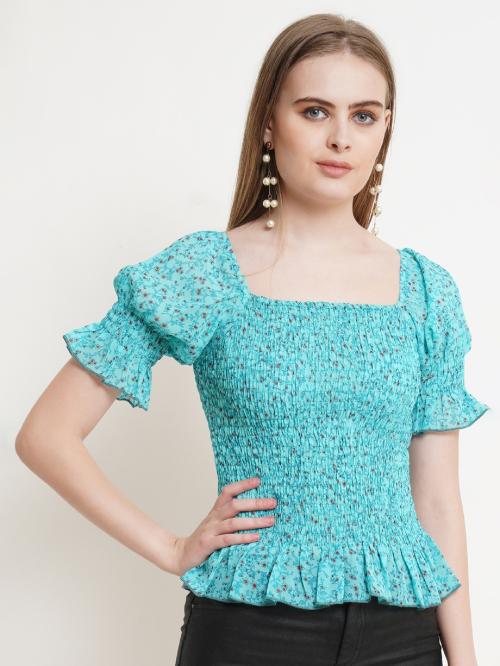 Buy Popwings Casual Turquoise Floral Print Georgette Smocking Women ...