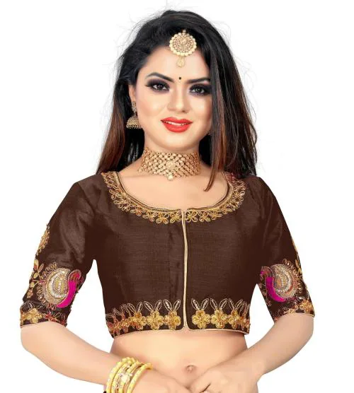 Buy Jay Pal Women Brown Embriodered Cotton Silk Round Neck Blouse ...
