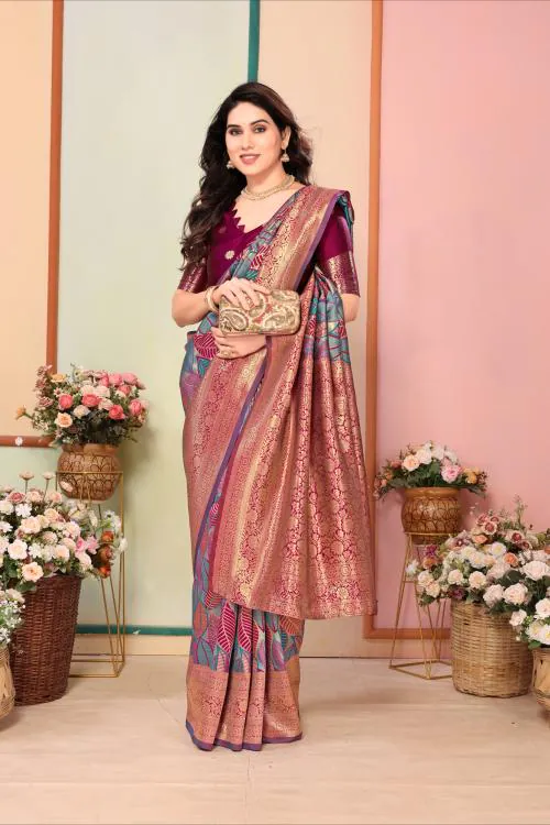Buy Om Shantam sarees Morpich Woven, Self Design Kanjivaram Banarasi ...