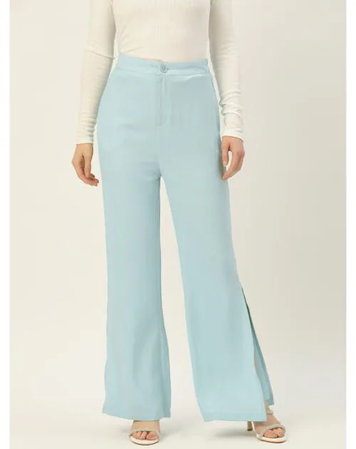 Buy Rue Collection Women's Turquoise Blue Solid Parallel Trousers ...