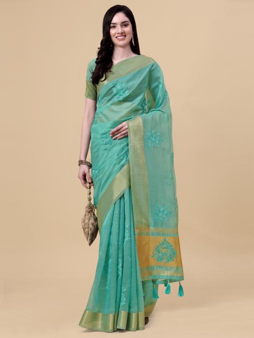Buy Rekha Maniyar Organza Firozi Color Fanzy zari weaving Saree for ...