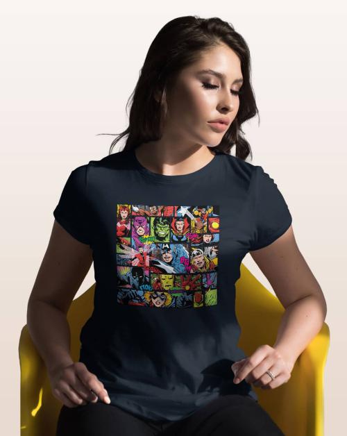 Buy Macmerise Comic Superheroes Mashup Navy blue T-shirt for Womens ...