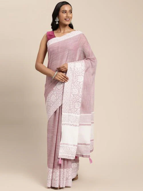 Buy Reeta Fashion Gorgeous Orchid White Linen Lucknowi Saree with ...