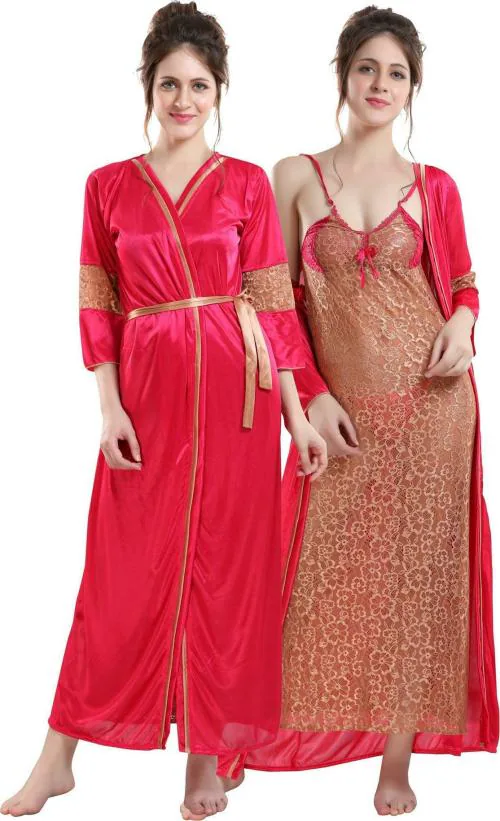 Buy Be You Women Pink, Brown Solid, Self Design Satin Nighty With Robe ...