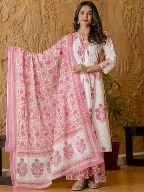 Buy SANGARI Women's Printed 100% Cotton Kurta Palazzo And Dupatta Set ...