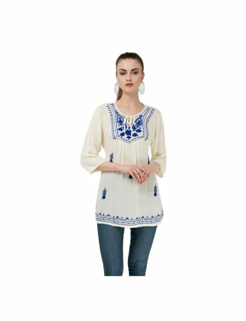 Buy SAAKAA Women's Rayon Cream Embroidery Top Online at Best Prices in ...