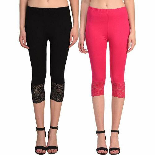 Buy Pixie Skinny Fit 3/4 Lace Capri Leggings for Women Combo Pack of 2 - (Black and Pink) Online ...