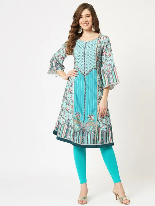 Buy Pannkh Women's Wedding Inspired Digital Printed Flared Kurta With ...