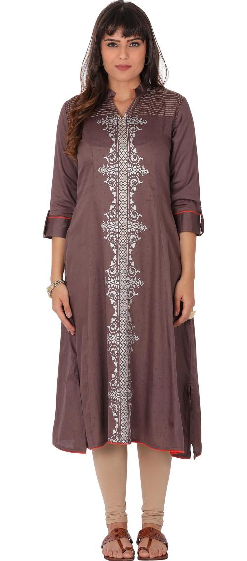Buy Span Women Brown Floral Print Satin A-Line Kurta Online at Best ...