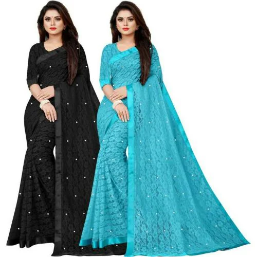 Buy VANRAJ CREATION Women Light Blue and Black Self Design Net Saree ...