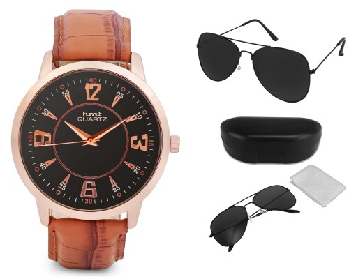 Buy HMTO Brown Leather Analog Watch With Black Aviator Sunglasses ...