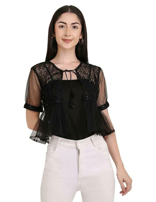 Buy UNFAKENOW Women Black Net Floral Shrug Online at Best Prices in ...