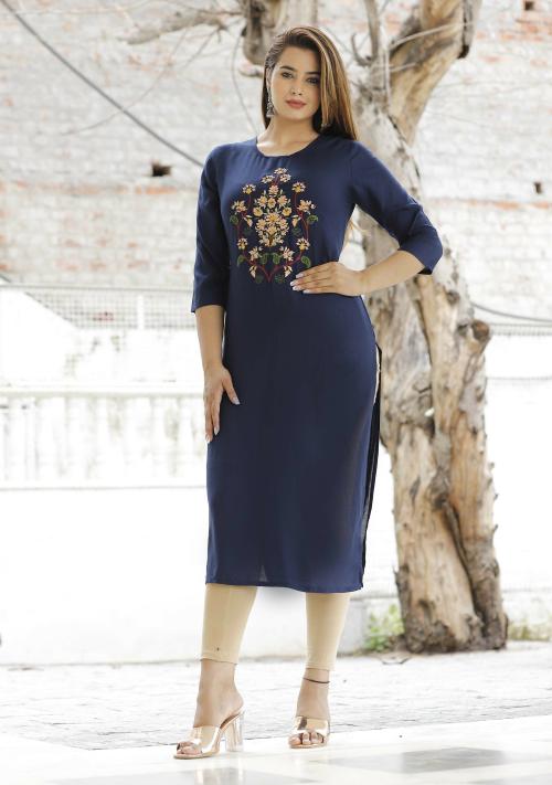 Buy Mehsoos Women Dark Blue Embroidered Viscose Rayon Straight Kurta ...