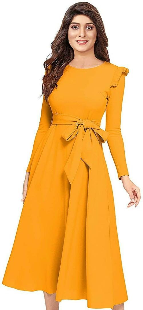 Buy LADIESORA FASHION Empire Waist Yellow Polyester Dress For Women ...