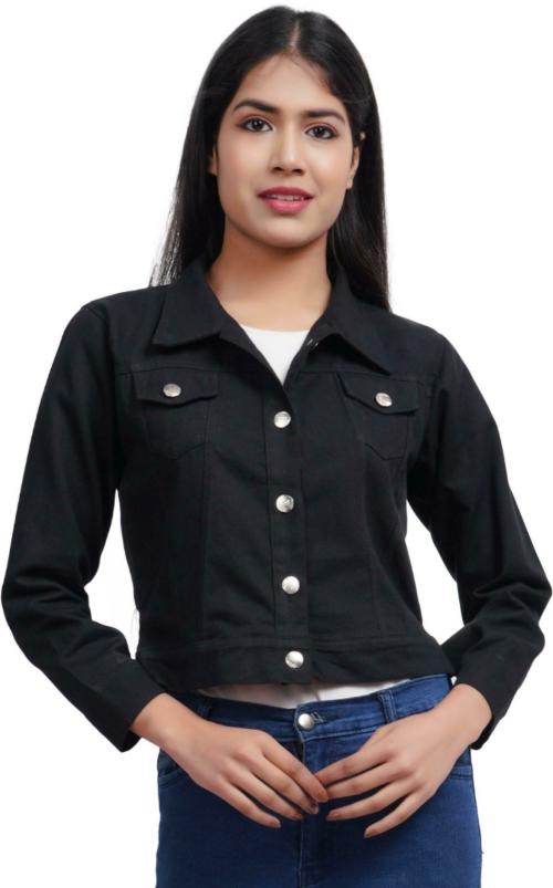 Buy Trendzmy Women Black Solid Cotton Blend Full Sleeve Denim Jacket ...