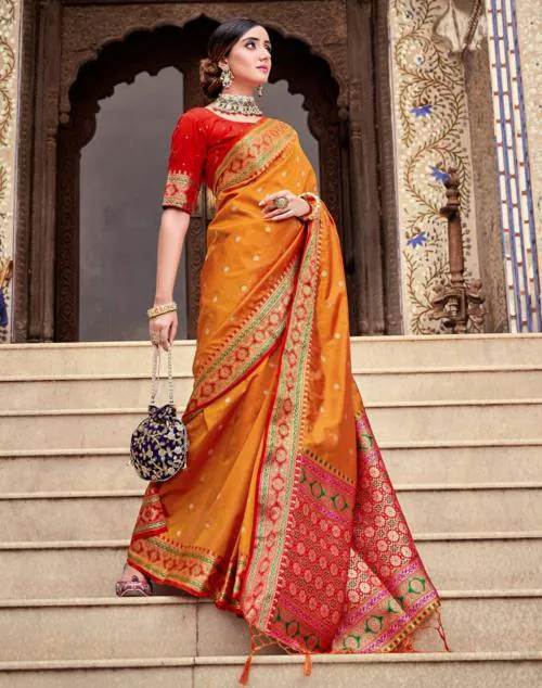 Buy Satrani Silk Blend Orange Color Saree with Blouse piece | sarees ...