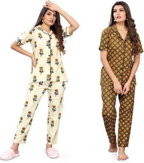 Buy Prettify Women Beige Floral Cotton Pack of 2 Top & Pyjamas Set ...