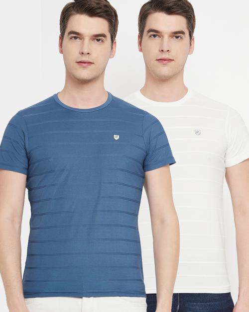 Buy OGEN Men's Pack of 2 Cotton Blend Half Sleeves Striper Round Neck T-shirt Online at Best ...