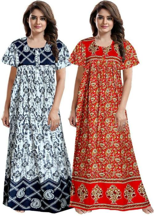 Buy Mudrika Women White and Red Floral Pure Cotton Pack of 2 Nighty Set ...