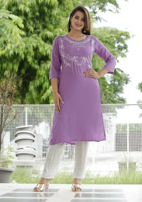 Buy Mehsoos Women Purple Embroidered Viscose Rayon Straight Kurta ...
