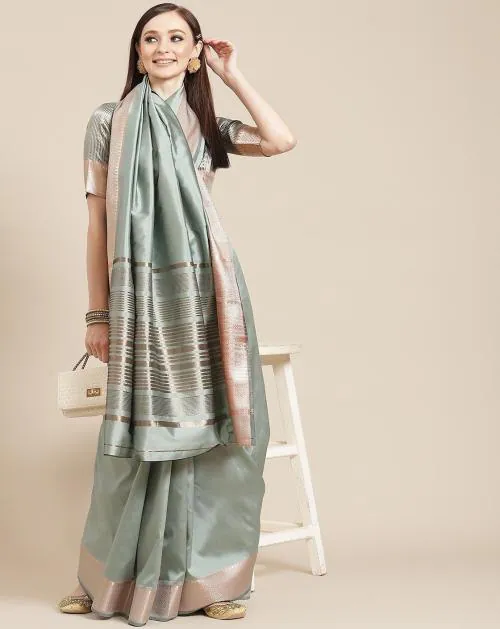Buy KAVINDI Printed Maheshwari Cotton Silk Saree (Light Green) Online ...